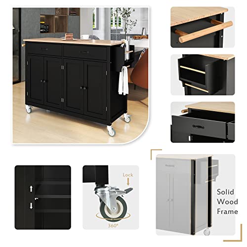 Origeture Large Kitchen Island with Storage, Mobile Kitchen Island Cart on Wheels with 2 Drawers and 2 Storage Cabinets, Solid Wood Countertop, Spice & Towel Racks, Adjustable Shelves, Black