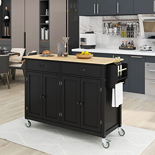 Origeture Large Kitchen Island with Storage, Mobile Kitchen Island Cart on Wheels with 2 Drawers and 2 Storage Cabinets, Solid Wood Countertop, Spice & Towel Racks, Adjustable Shelves, Black