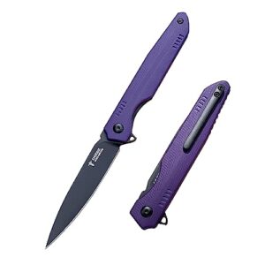 shooziz han312 pocket knife folding knife for edc, 3.38" dc53 steel blade g10 handle folding knife with titanium alloy clip ceramic ball bearing locating ball everyday carry knife for men women (purple+black blade)