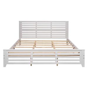 LCH King Platform Bed Frame with Headboard and Footboard, Solid Wood Bed Frame for Adults/Wood Slat Support/No Box Spring, Modern Bed Frame with Horizontal Strip Hollow Shape, King Size, White