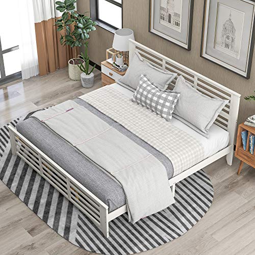 LCH King Platform Bed Frame with Headboard and Footboard, Solid Wood Bed Frame for Adults/Wood Slat Support/No Box Spring, Modern Bed Frame with Horizontal Strip Hollow Shape, King Size, White