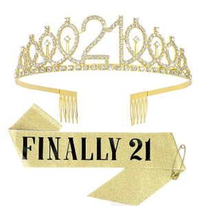 curasa gold finally 21 birthday crown and sash kit for women girls 21st birthday tiara and sash set for girls rhinestones crowns and sash 21st birthday gift for women 21st birthday decorations for her