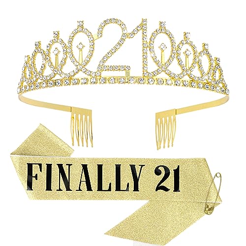 CURASA Gold Finally 21 Birthday Crown and Sash Kit for Women Girls 21st Birthday Tiara and Sash Set for Girls Rhinestones Crowns and Sash 21st Birthday Gift for Women 21st Birthday Decorations for Her