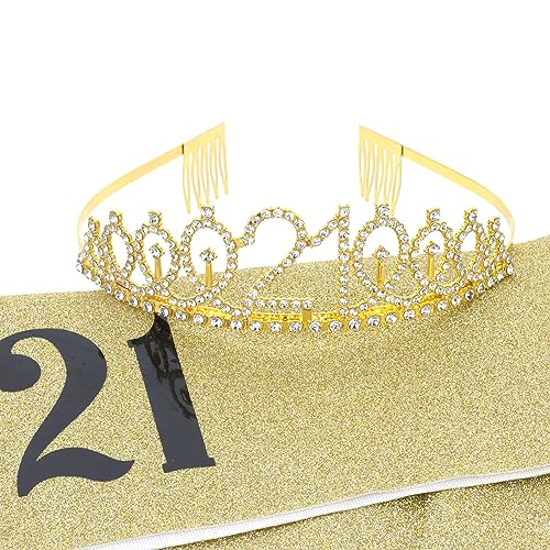 CURASA Gold Finally 21 Birthday Crown and Sash Kit for Women Girls 21st Birthday Tiara and Sash Set for Girls Rhinestones Crowns and Sash 21st Birthday Gift for Women 21st Birthday Decorations for Her