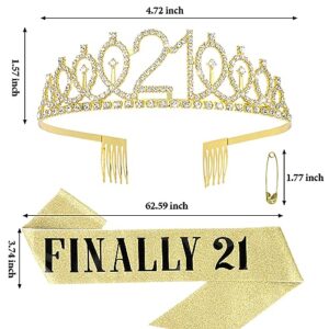 CURASA Gold Finally 21 Birthday Crown and Sash Kit for Women Girls 21st Birthday Tiara and Sash Set for Girls Rhinestones Crowns and Sash 21st Birthday Gift for Women 21st Birthday Decorations for Her