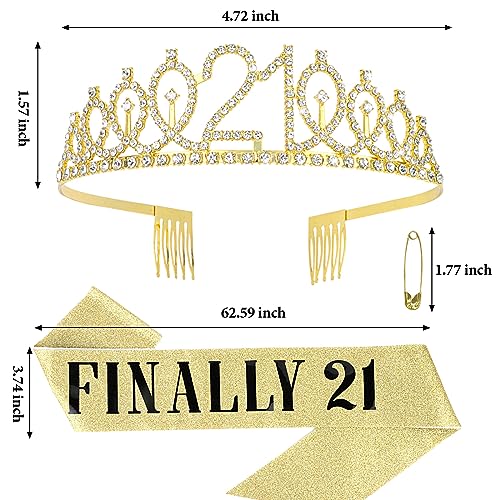 CURASA Gold Finally 21 Birthday Crown and Sash Kit for Women Girls 21st Birthday Tiara and Sash Set for Girls Rhinestones Crowns and Sash 21st Birthday Gift for Women 21st Birthday Decorations for Her