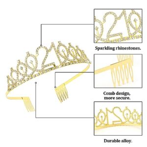 CURASA Gold Finally 21 Birthday Crown and Sash Kit for Women Girls 21st Birthday Tiara and Sash Set for Girls Rhinestones Crowns and Sash 21st Birthday Gift for Women 21st Birthday Decorations for Her