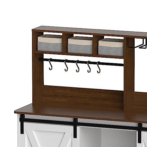 PAKASEPT Wine Bar Cabinet, Farmhouse Barn Doors Coffee Bar Cabinet with Adjustable Storage Shelves, Wooden Sideboard Buffet Storage Cabinet for Dining Room, Kitchen