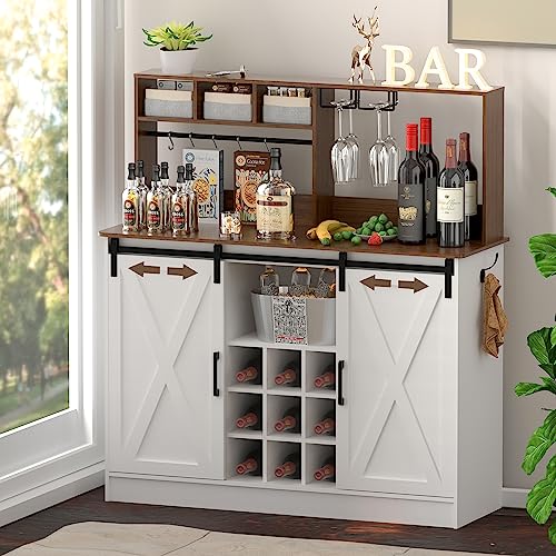 PAKASEPT Wine Bar Cabinet, Farmhouse Barn Doors Coffee Bar Cabinet with Adjustable Storage Shelves, Wooden Sideboard Buffet Storage Cabinet for Dining Room, Kitchen