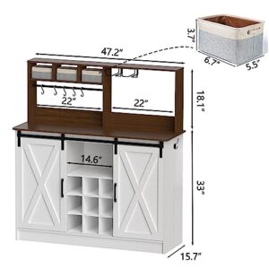 PAKASEPT Wine Bar Cabinet, Farmhouse Barn Doors Coffee Bar Cabinet with Adjustable Storage Shelves, Wooden Sideboard Buffet Storage Cabinet for Dining Room, Kitchen