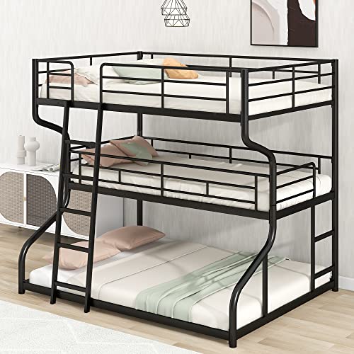 KoiHome Full Over Twin Over Queen Size Triple Bunk Bed with 2 Ladders, Metal Low Bed Frame with Full-Length Guardrail for Kids Teens Girls Boys Bedroom, Space-Saving, No Box Spring Needed, Black