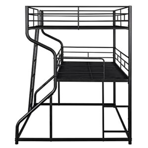 KoiHome Full Over Twin Over Queen Size Triple Bunk Bed with 2 Ladders, Metal Low Bed Frame with Full-Length Guardrail for Kids Teens Girls Boys Bedroom, Space-Saving, No Box Spring Needed, Black