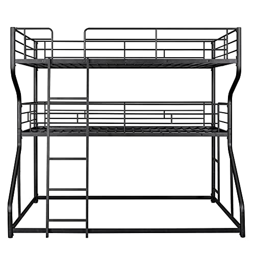 KoiHome Full Over Twin Over Queen Size Triple Bunk Bed with 2 Ladders, Metal Low Bed Frame with Full-Length Guardrail for Kids Teens Girls Boys Bedroom, Space-Saving, No Box Spring Needed, Black