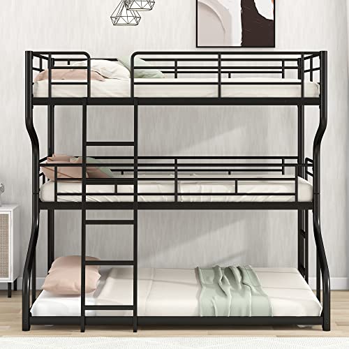 KoiHome Full Over Twin Over Queen Size Triple Bunk Bed with 2 Ladders, Metal Low Bed Frame with Full-Length Guardrail for Kids Teens Girls Boys Bedroom, Space-Saving, No Box Spring Needed, Black