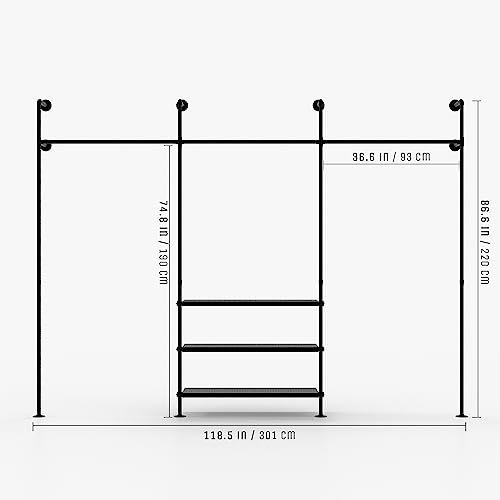 pamo industrial pipe clothing rack - PELLE - clothes rack for wardrobe, bedroom and as walk-in closet system. Sturdy clothing racks for hanging clothes I wall mounted heavy duty clothes rack