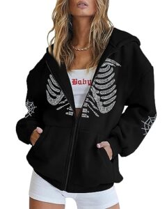 mousya women’s skeleton oversized zip up hoodie y2k skull sweashirt rhinestone graphic hoodies fall long sleeve pullover tops black