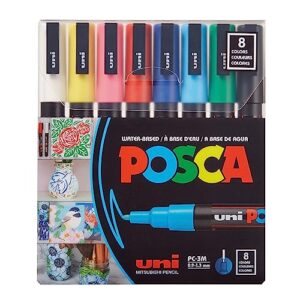 uni posca pc-3m water-based paint markers, reversible fine tip, assorted colors, pack of 8 markers