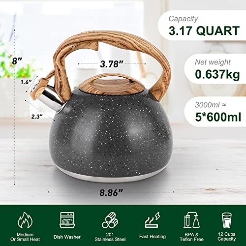 Greenual Tea Kettle, 3.2 Quart Loud Whistling Tea Kettle Stovetop, Food Grade Stainless Steel Teapot for Stovetop, Anti-Rust Tea Pot with Cool Touch Ergonomic Handle(Gray)