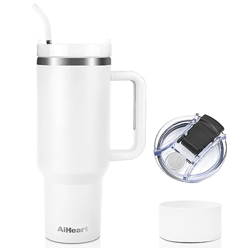 AiHeart 40oz Tumbler with Handle,Spill Proof Lid Straw and Silicone Coaster,Stainless Steel Double Wall Insulated Travel Mug,Reusable Water Bottle,Iced Coffee Mug,For Car Cup Rack(White)