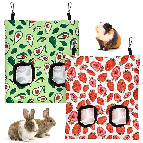 Rabbit Hay Feeder Bag, 2 Pack 2 Holes Guinea Pig Hanging Hay Holder Feeder Storage Dispenser for Cage, Washable for Bunnies Hamsters Chinchilla and Other Small Pets, Ullnosoo Strawberry and Avocado