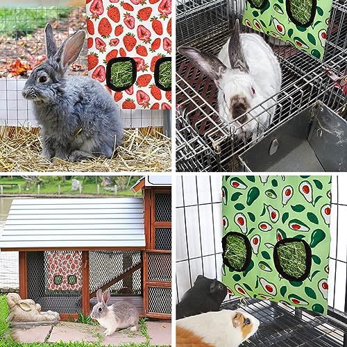 Rabbit Hay Feeder Bag, 2 Pack 2 Holes Guinea Pig Hanging Hay Holder Feeder Storage Dispenser for Cage, Washable for Bunnies Hamsters Chinchilla and Other Small Pets, Ullnosoo Strawberry and Avocado