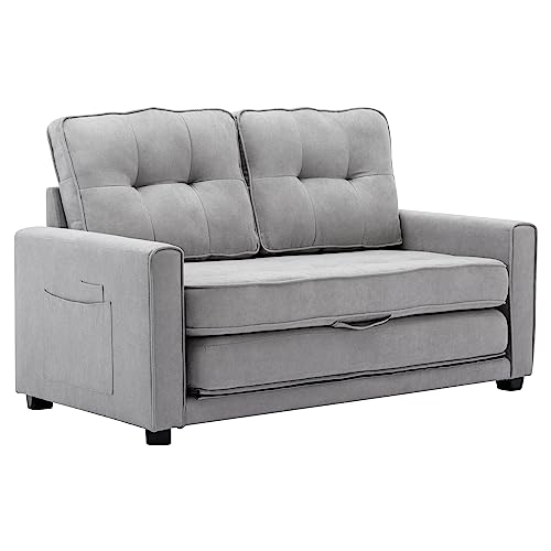 Merax, Gray 59.4" Loveseat Pull-Out Sofa Bed Modern Upholstered Couch with Side Pocket for Living Room