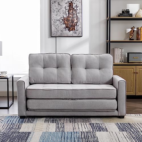 Merax, Gray 59.4" Loveseat Pull-Out Sofa Bed Modern Upholstered Couch with Side Pocket for Living Room