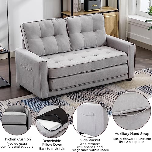 Merax, Gray 59.4" Loveseat Pull-Out Sofa Bed Modern Upholstered Couch with Side Pocket for Living Room