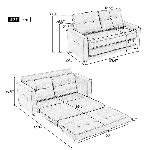 Merax, Gray 59.4" Loveseat Pull-Out Sofa Bed Modern Upholstered Couch with Side Pocket for Living Room