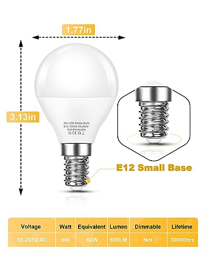 EvaStary Ceiling Fan Light Bulb E12 Candelabra Base, 3000K Warm White 60 Watt Equivalent, E12 LED Chandelier Light Bulbs, 6W 600LM Brightness G14 Mini Globe Candelabra Lighting, Non-dimmable, 6 Pack