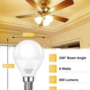 EvaStary Ceiling Fan Light Bulb E12 Candelabra Base, 3000K Warm White 60 Watt Equivalent, E12 LED Chandelier Light Bulbs, 6W 600LM Brightness G14 Mini Globe Candelabra Lighting, Non-dimmable, 6 Pack