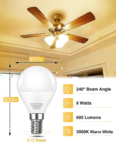 EvaStary Ceiling Fan Light Bulb E12 Candelabra Base, 3000K Warm White 60 Watt Equivalent, E12 LED Chandelier Light Bulbs, 6W 600LM Brightness G14 Mini Globe Candelabra Lighting, Non-dimmable, 6 Pack