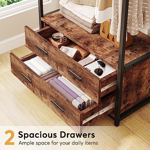 Tribesigns Stylish and Versatile Clothes Rack with Shelves Drawers and Hooks, Modern Closet Organizer, Durable Garment Wardrobe Storage Shelving with Hanging Rod (Rustic Brown)