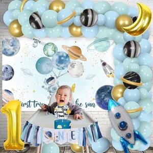 First Trip Around The Sun Birthday Party Decoration, Outer Space 1st Birthday Backdrop One Highchair Banner Cake Topper Dusty Blue Balloons Arch Kit Moon Number 1 Rocket Foil Balloon