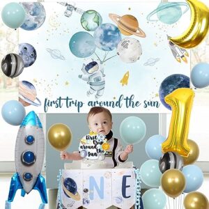 First Trip Around The Sun Birthday Party Decoration, Outer Space 1st Birthday Backdrop One Highchair Banner Cake Topper Dusty Blue Balloons Arch Kit Moon Number 1 Rocket Foil Balloon