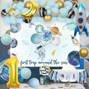 First Trip Around The Sun Birthday Party Decoration, Outer Space 1st Birthday Backdrop One Highchair Banner Cake Topper Dusty Blue Balloons Arch Kit Moon Number 1 Rocket Foil Balloon