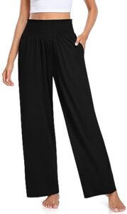 tarse womens smocked ruffle high waisted wide leg yoga sweatpants comfy palazzo lounge pants pajama pants with pockets black m