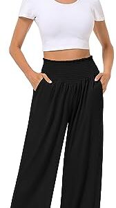 TARSE Womens Smocked Ruffle High Waisted Wide Leg Yoga Sweatpants Comfy Palazzo Lounge Pants Pajama Pants with Pockets Black M