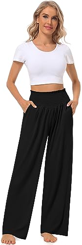 TARSE Womens Smocked Ruffle High Waisted Wide Leg Yoga Sweatpants Comfy Palazzo Lounge Pants Pajama Pants with Pockets Black M