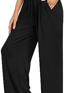 TARSE Womens Smocked Ruffle High Waisted Wide Leg Yoga Sweatpants Comfy Palazzo Lounge Pants Pajama Pants with Pockets Black M