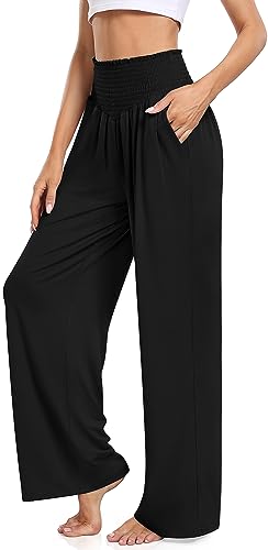 TARSE Womens Smocked Ruffle High Waisted Wide Leg Yoga Sweatpants Comfy Palazzo Lounge Pants Pajama Pants with Pockets Black M