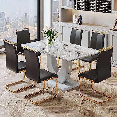 JUFU Modern Dining Table Set for 6,Rectangula Kitchen Table Set with Faux Marble Tabletop＆6 Pu Leather Upholstered Chairs Ideal for Dining Room, Kitchen