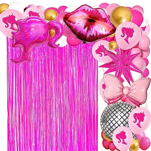 Hot Pink Party Decorations Pink Balloon Garland Arch Kit Pink Princess Girl Bow Balloons Hot Pink Rose Red Light Pink Matte White Balloons Silver Disco Ball Pink Foil Fringe Backdrop