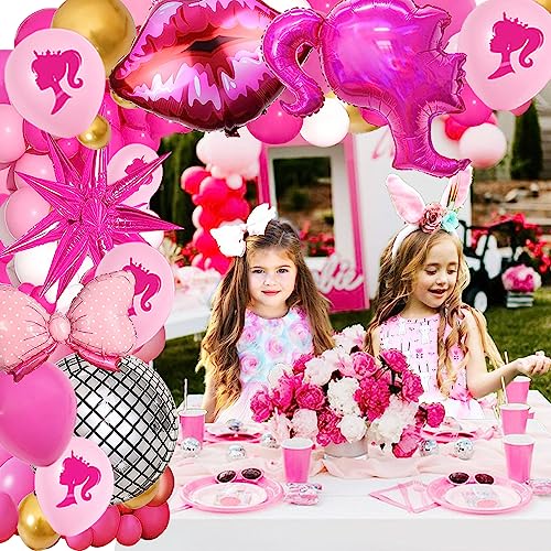 Hot Pink Party Decorations Pink Balloon Garland Arch Kit Pink Princess Girl Bow Balloons Hot Pink Rose Red Light Pink Matte White Balloons Silver Disco Ball Pink Foil Fringe Backdrop