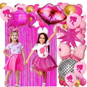 Hot Pink Party Decorations Pink Balloon Garland Arch Kit Pink Princess Girl Bow Balloons Hot Pink Rose Red Light Pink Matte White Balloons Silver Disco Ball Pink Foil Fringe Backdrop