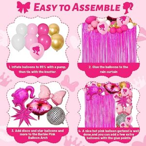 Hot Pink Party Decorations Pink Balloon Garland Arch Kit Pink Princess Girl Bow Balloons Hot Pink Rose Red Light Pink Matte White Balloons Silver Disco Ball Pink Foil Fringe Backdrop