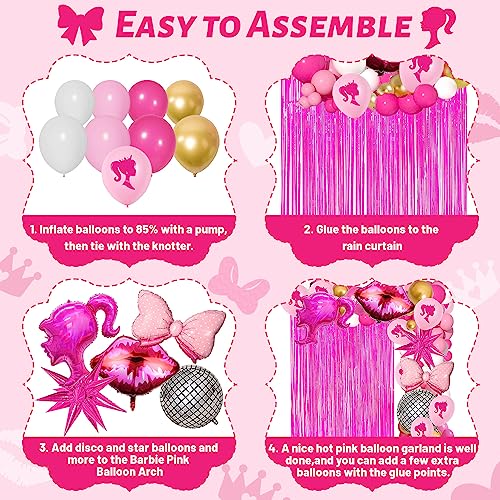 Hot Pink Party Decorations Pink Balloon Garland Arch Kit Pink Princess Girl Bow Balloons Hot Pink Rose Red Light Pink Matte White Balloons Silver Disco Ball Pink Foil Fringe Backdrop