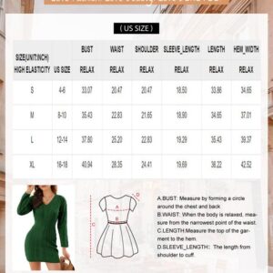 Dokotoo Women Green Sweater Dress V Neck Slim Fit Bodycon Sexy Dress Long Sleeve Cable Knit Chunky Fall Dresses Elegant Winter Pullover Jumper Sweaters Small