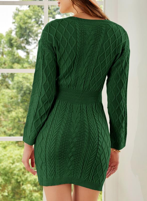 Dokotoo Women Green Sweater Dress V Neck Slim Fit Bodycon Sexy Dress Long Sleeve Cable Knit Chunky Fall Dresses Elegant Winter Pullover Jumper Sweaters Small