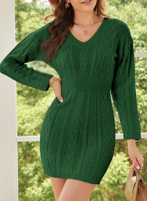 Dokotoo Women Green Sweater Dress V Neck Slim Fit Bodycon Sexy Dress Long Sleeve Cable Knit Chunky Fall Dresses Elegant Winter Pullover Jumper Sweaters Small